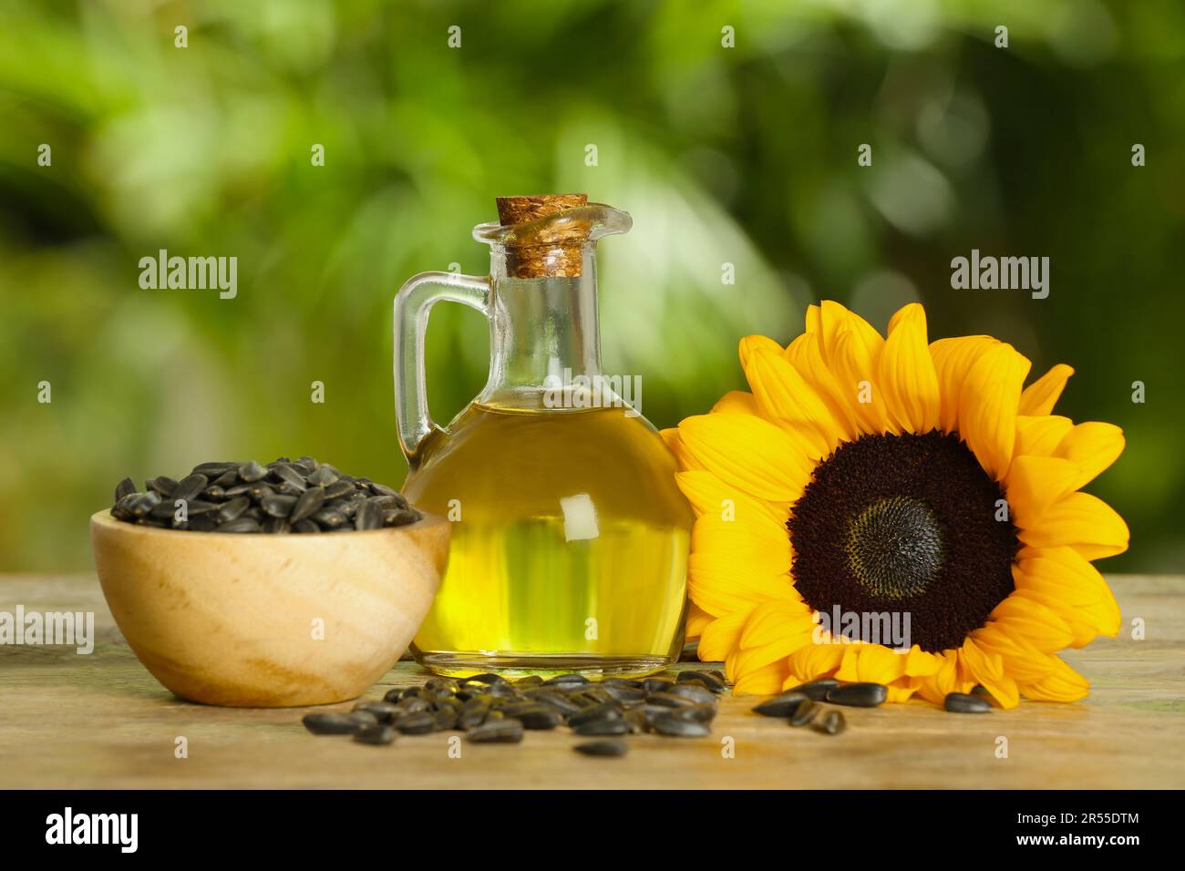 Sunflower cooking oil, seeds and yellow flower on wooden table outdoors ...