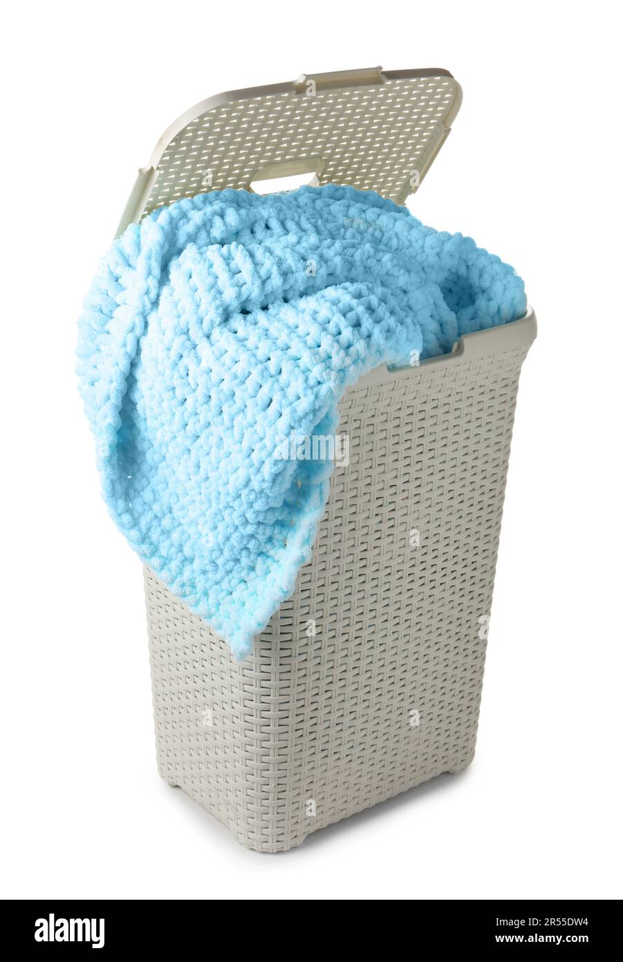 Plastic laundry basket full of clothes isolated on white Stock Photo ...