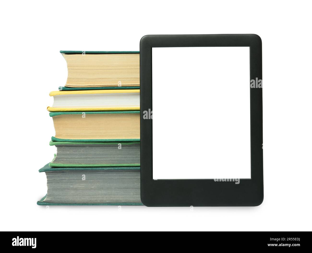 Modern e-book and stack of hardcover books isolated on white Stock ...
