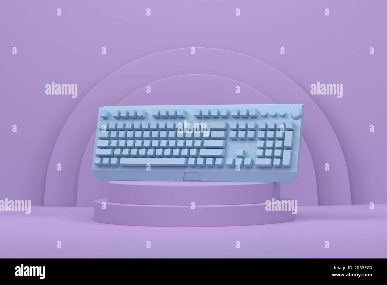 Realistic computer keyboard on cylinder podium with steps on monochrome ...