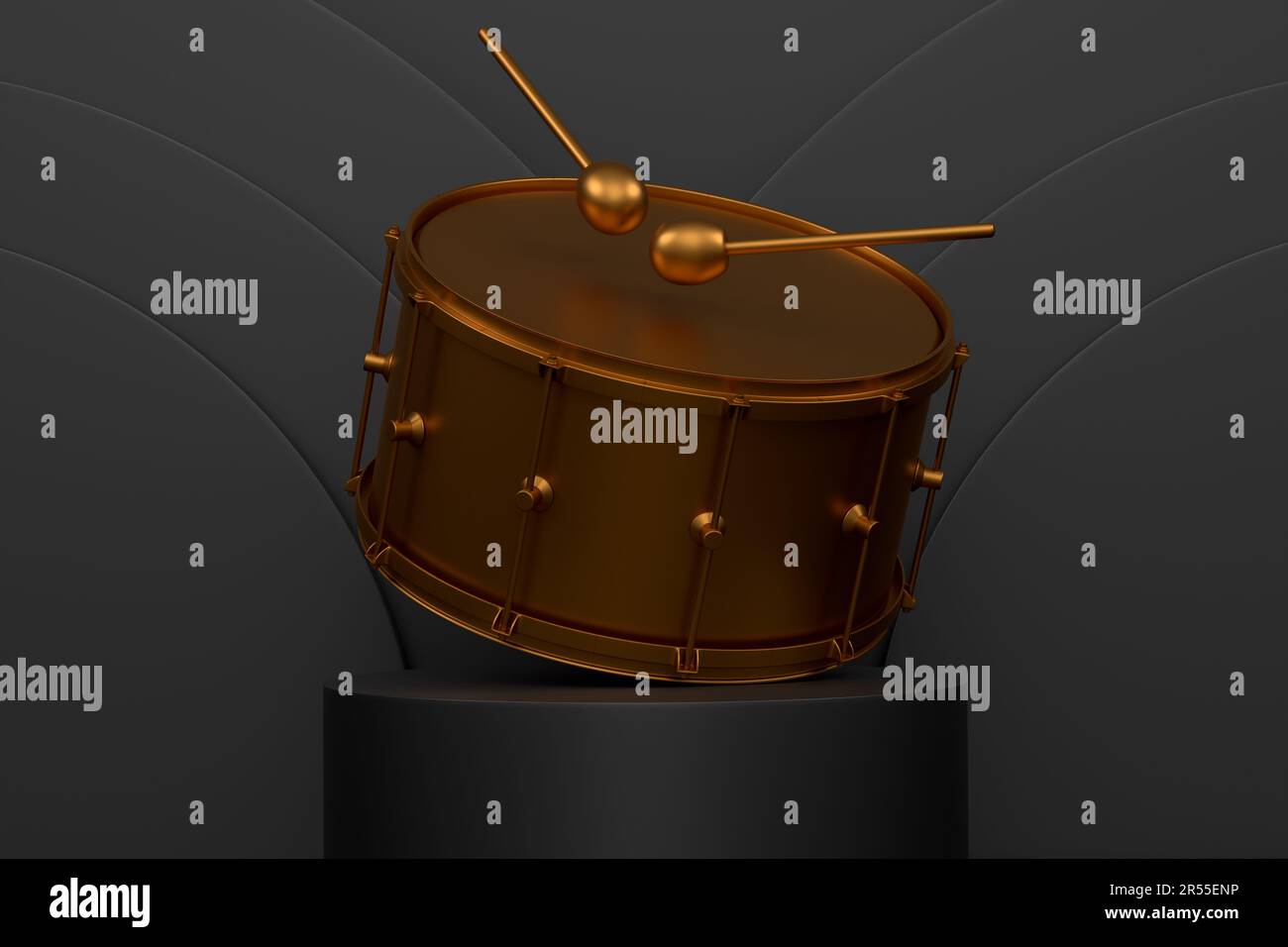 Drum and wooden drum sticks on cylinder podium with steps on monochrome ...