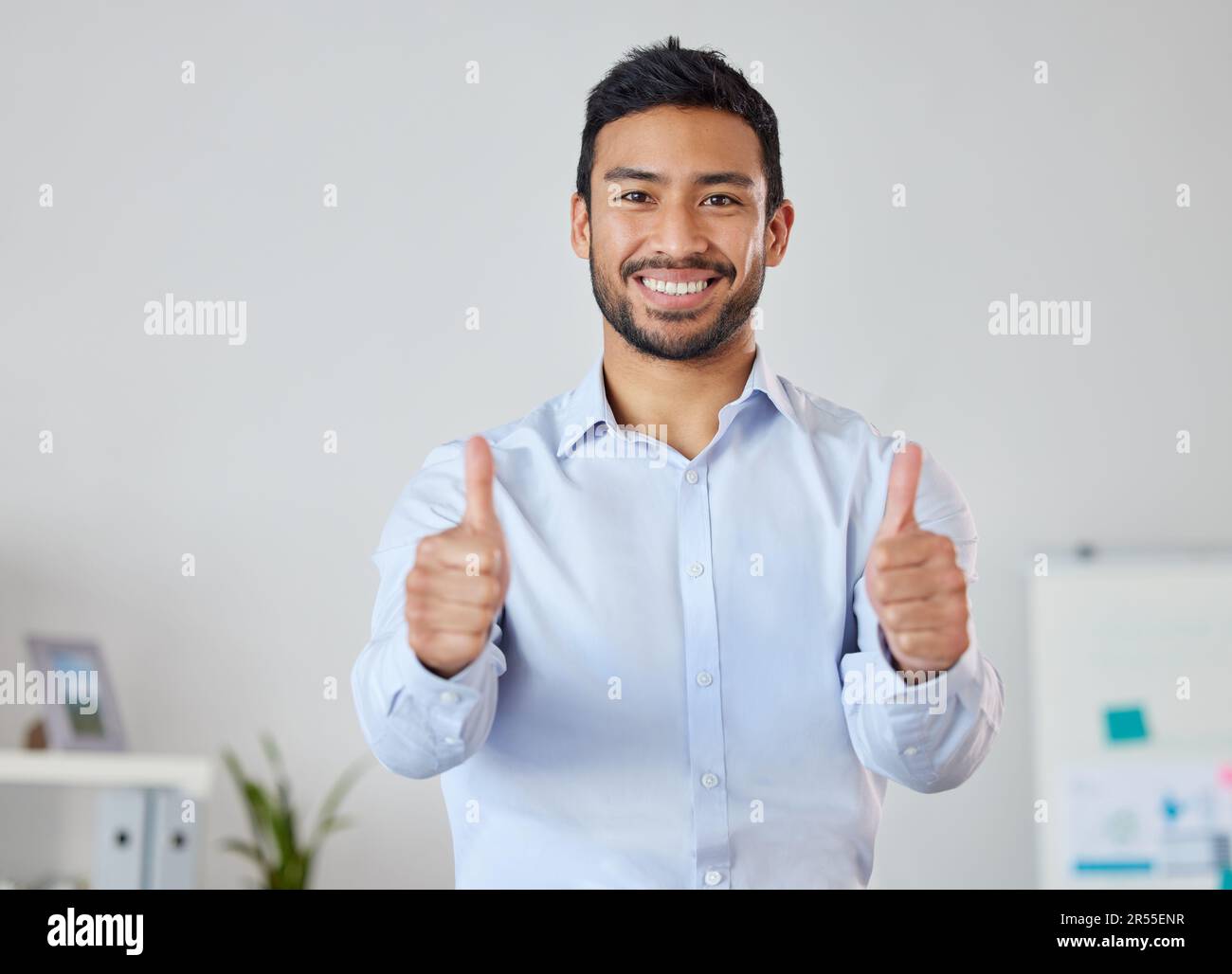 Thumbs up, success and portrait of business man in office for ...