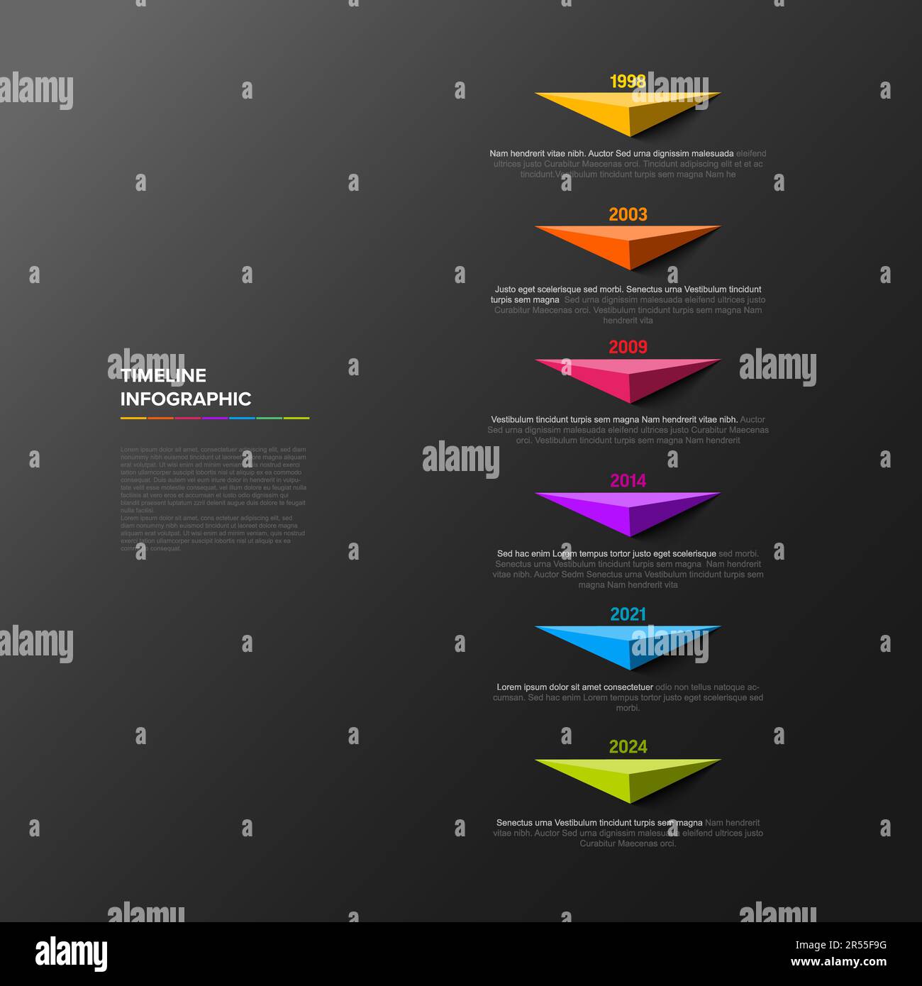 Colorful vector infographic timeline report template with six triangle ...