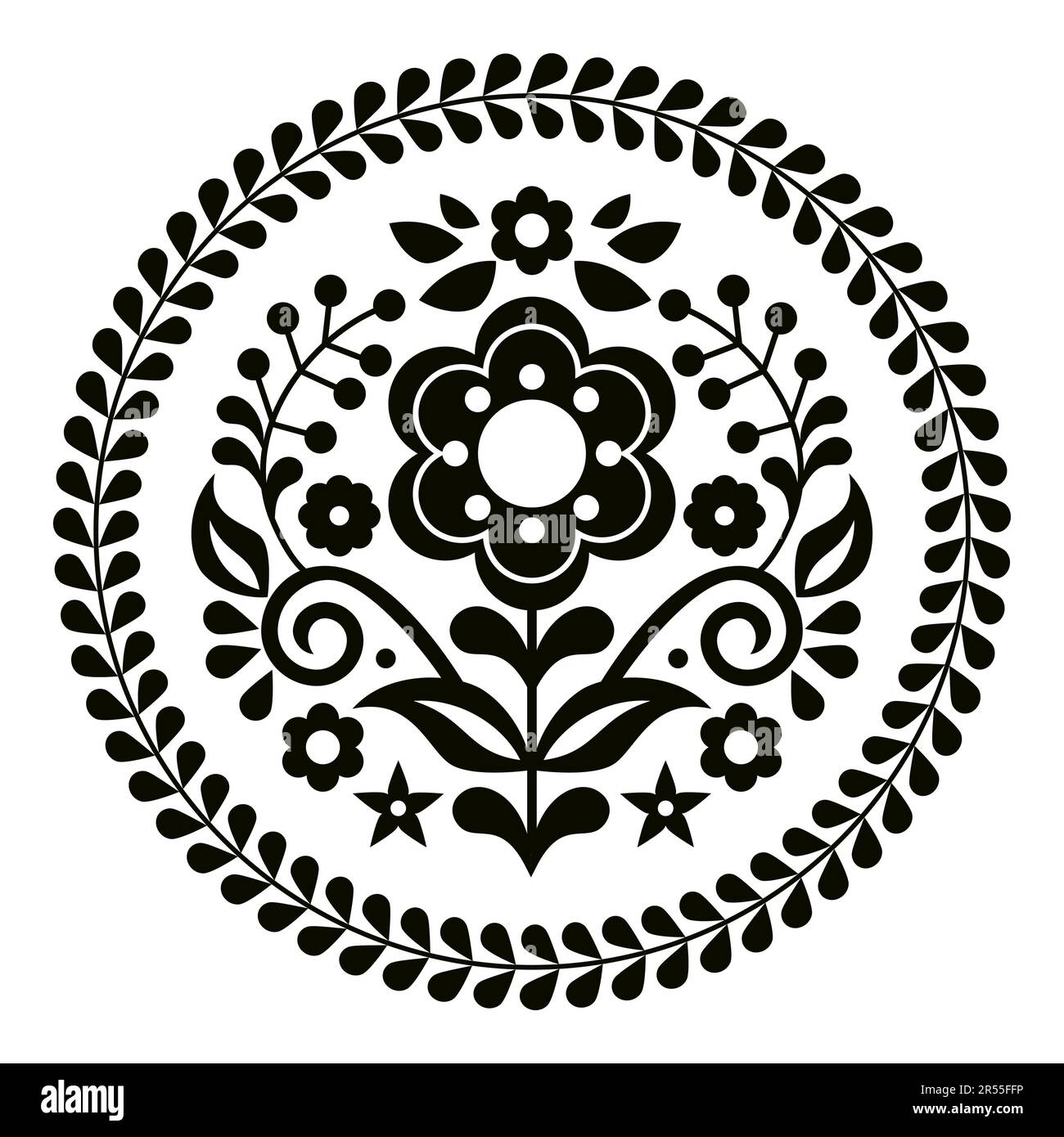 Mexican folk art style vector mandala pattern with flowers in frame ...