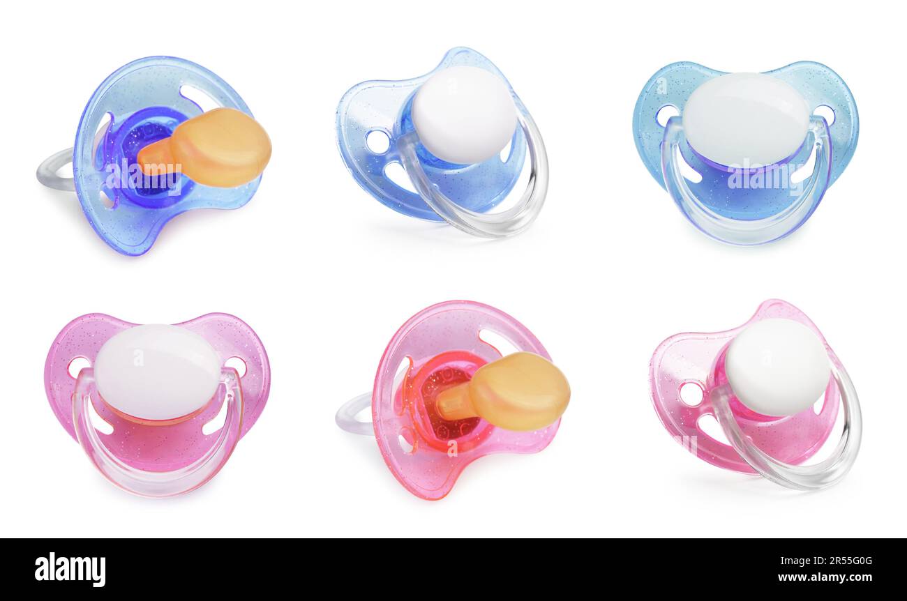Collage of baby pacifiers in different colors on white background Stock ...