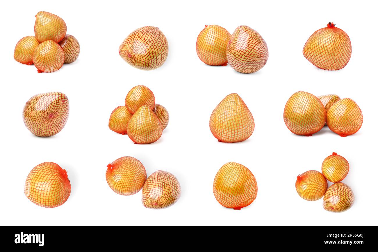 Collage with fresh pomelo fruits on white background Stock Photo - Alamy