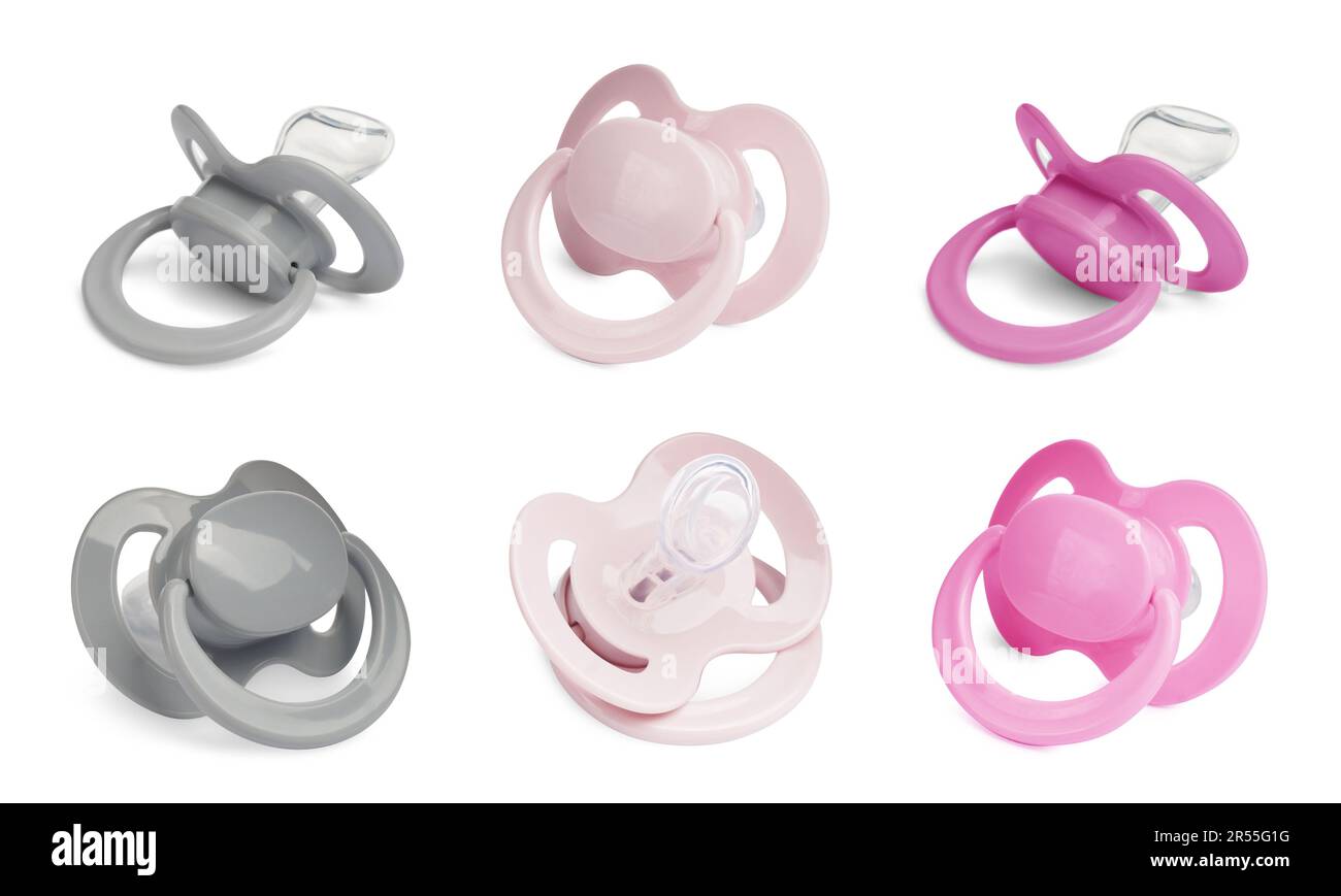 Collage of baby pacifiers in different colors on white background Stock ...
