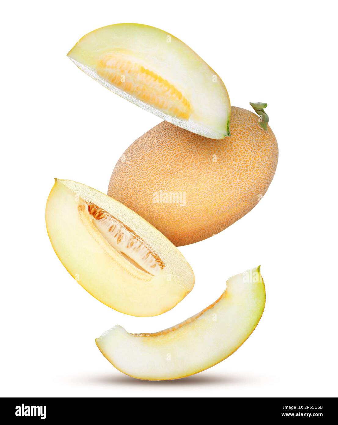 Delicious ripe melons falling on white background Stock Photo - Alamy