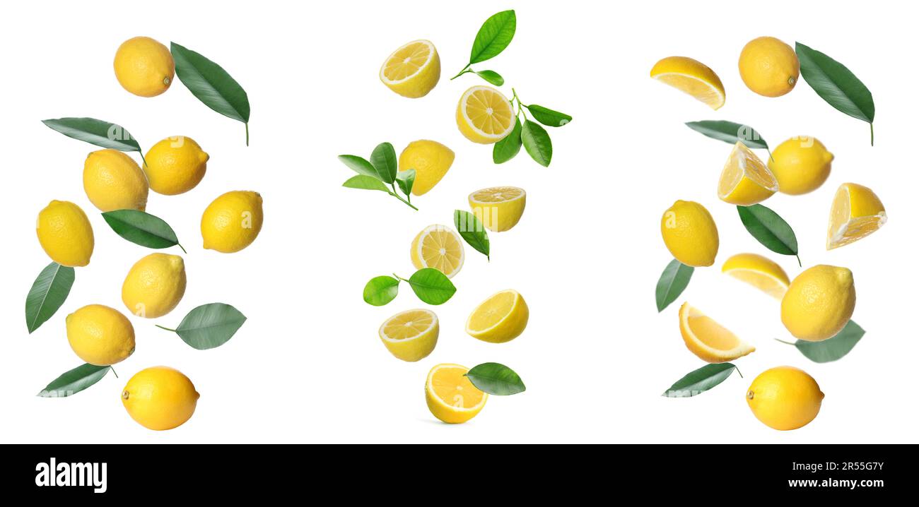 Collage of fresh ripe lemons and leaves falling on white background ...