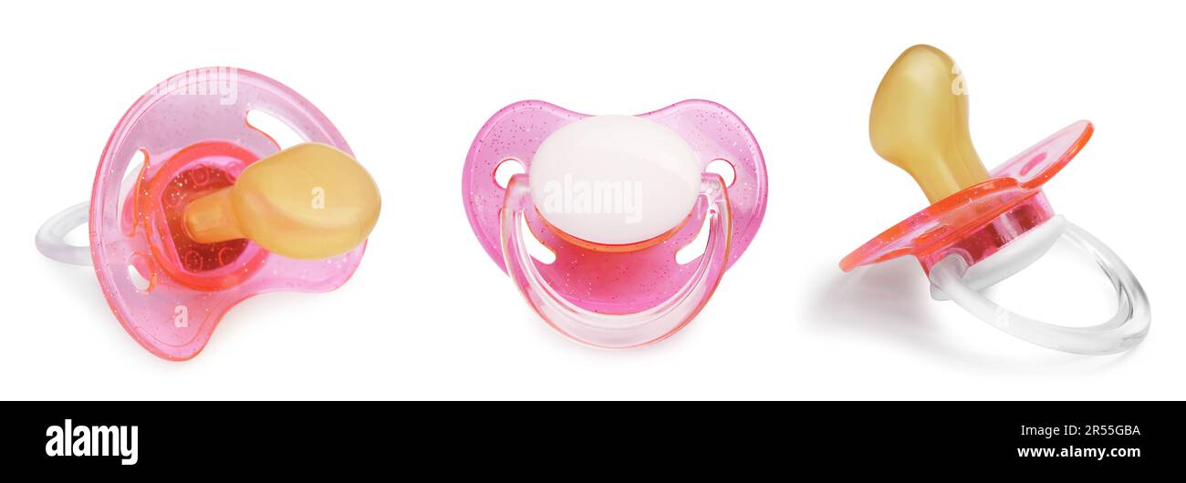 Collage of baby pacifier on white background, views from different ...