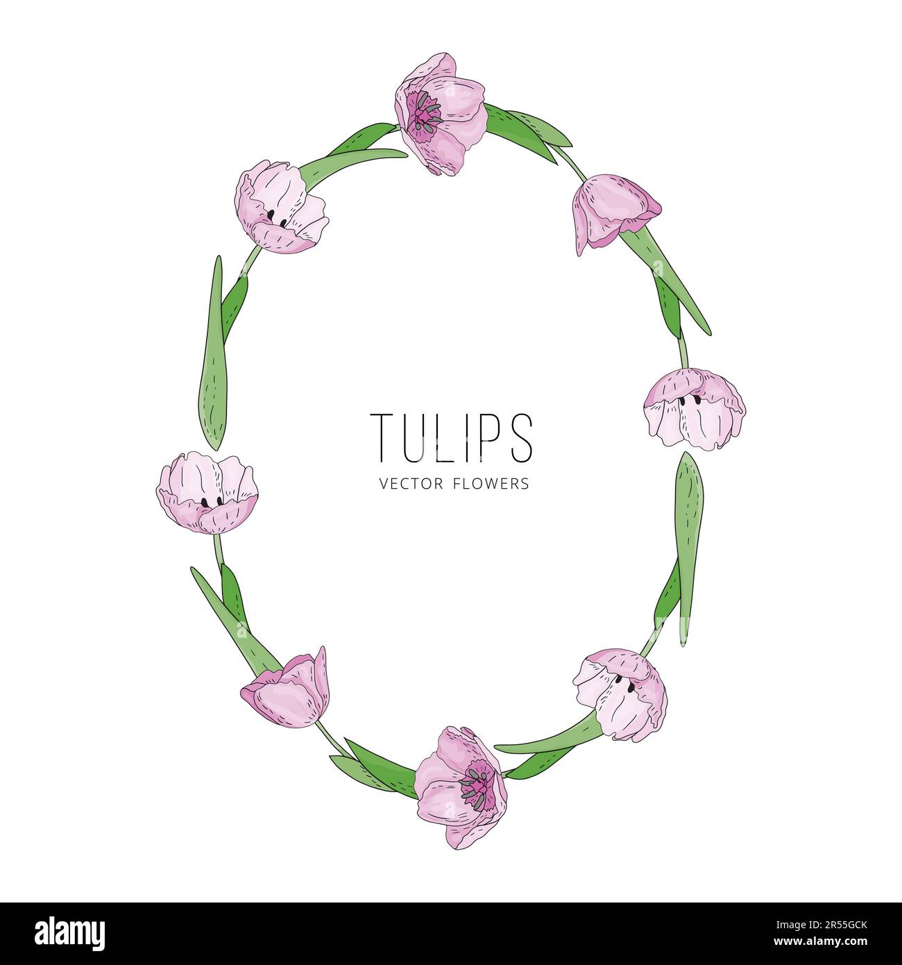Hand drawn vector floral frame with pink flowers tulips, branch and ...