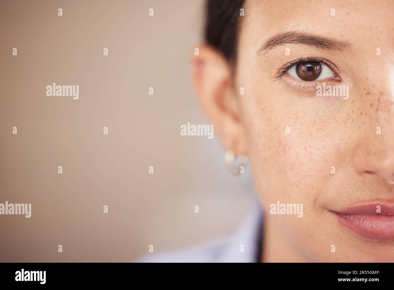 Closeup, portrait and woman with mockup, eye and freckles with goals ...