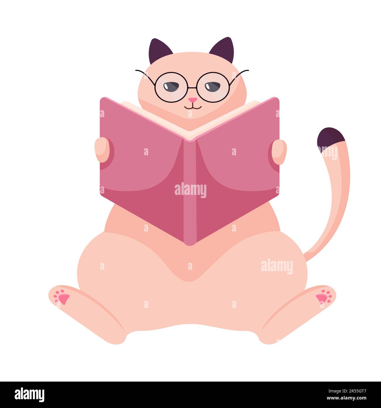 Cute cat in glasses reading book flat vector icon illustration. Cat study isolated on white ...