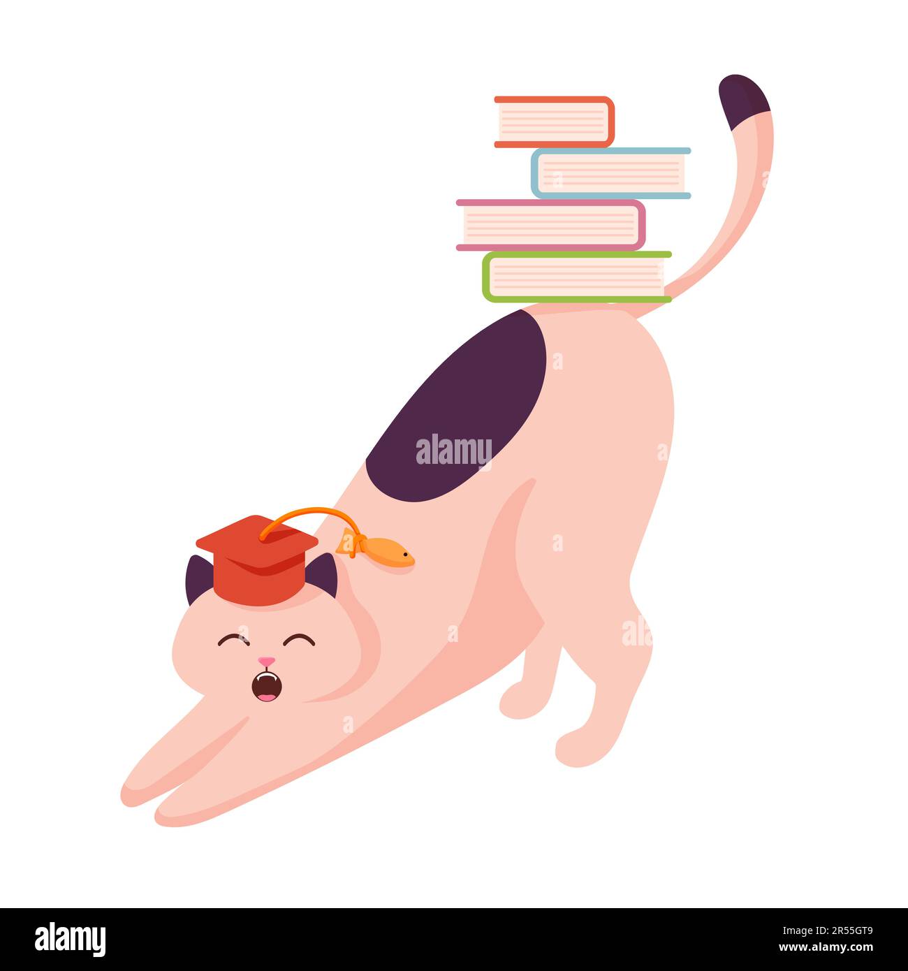Cat character study with book in flat style. Stretching cat with books ...
