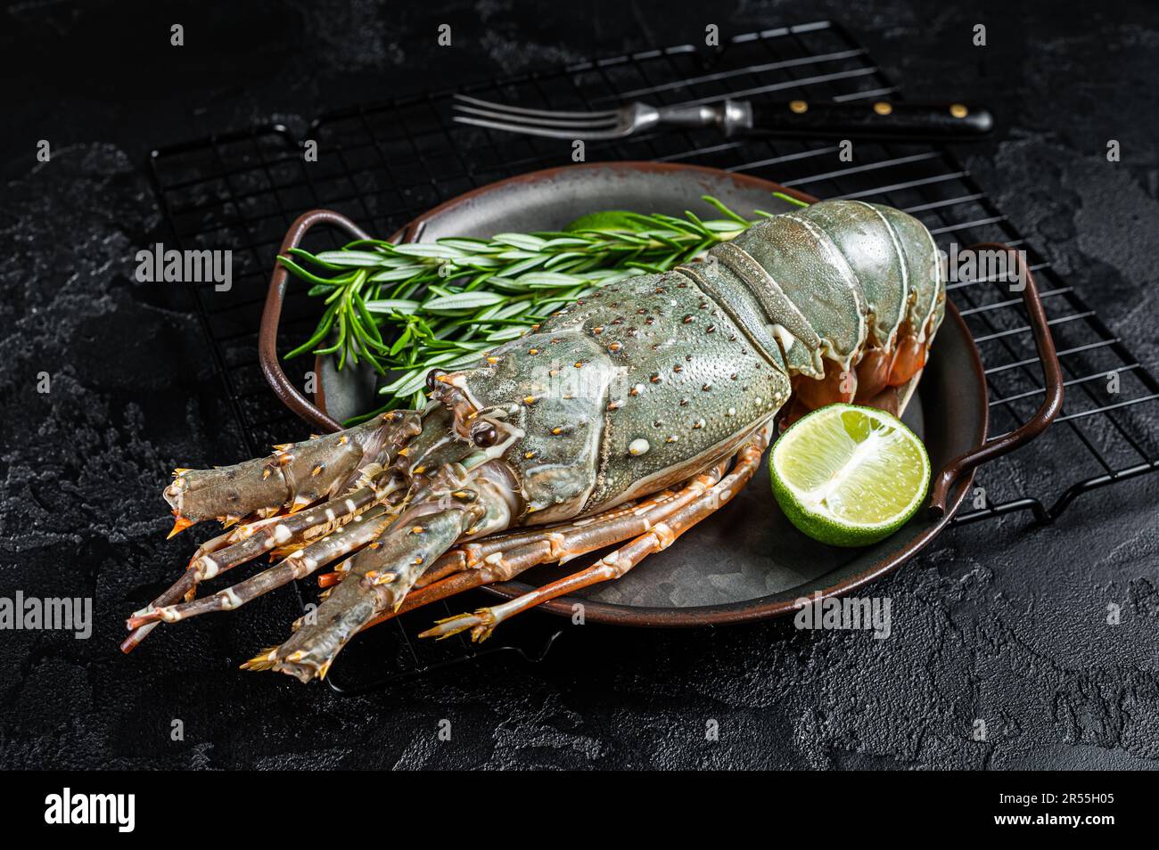 Cooking Spiny lobster or sea crayfish with herbs and spices. Black ...