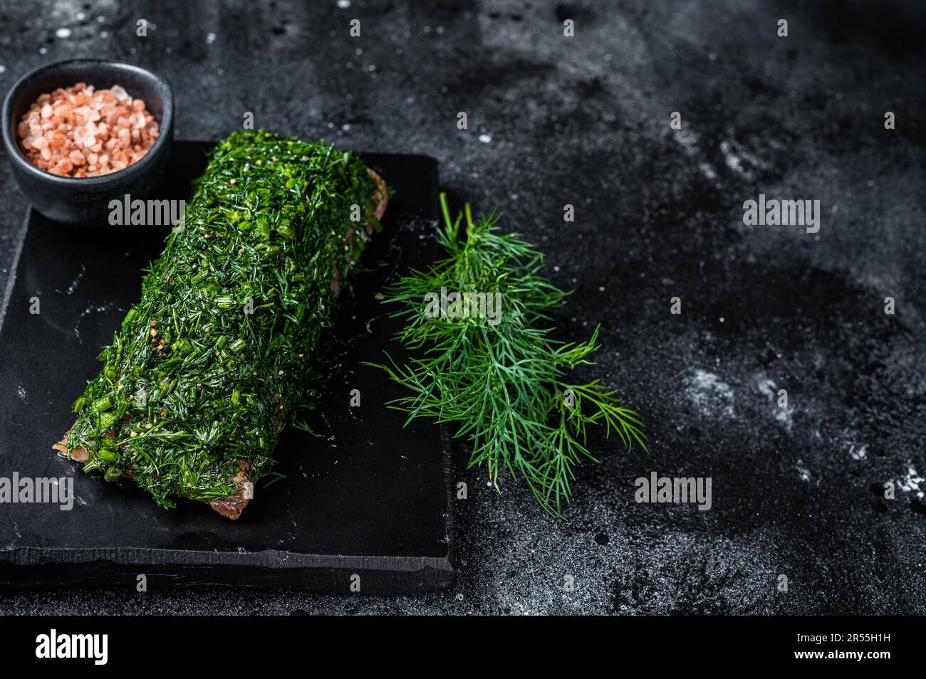 Nordic Gravlax Salmon fillet with dill. Black background. Top view ...