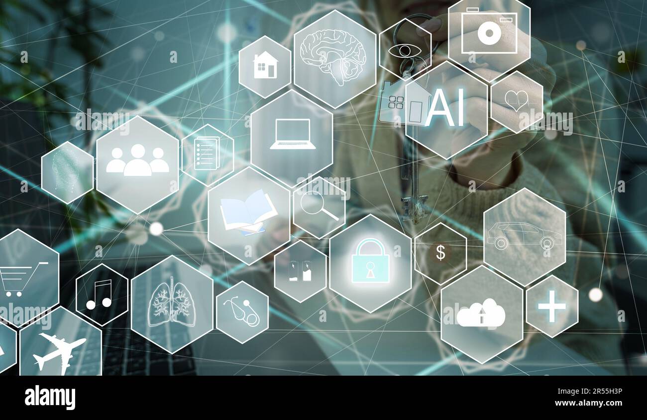 AI (Artificial Intelligence) concept. Electronic circuit. Communication ...