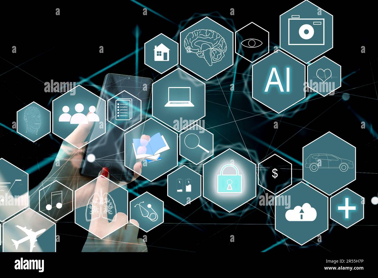 Artificial intelligence service business web computing IoT integration concept. AI gear icon on ...