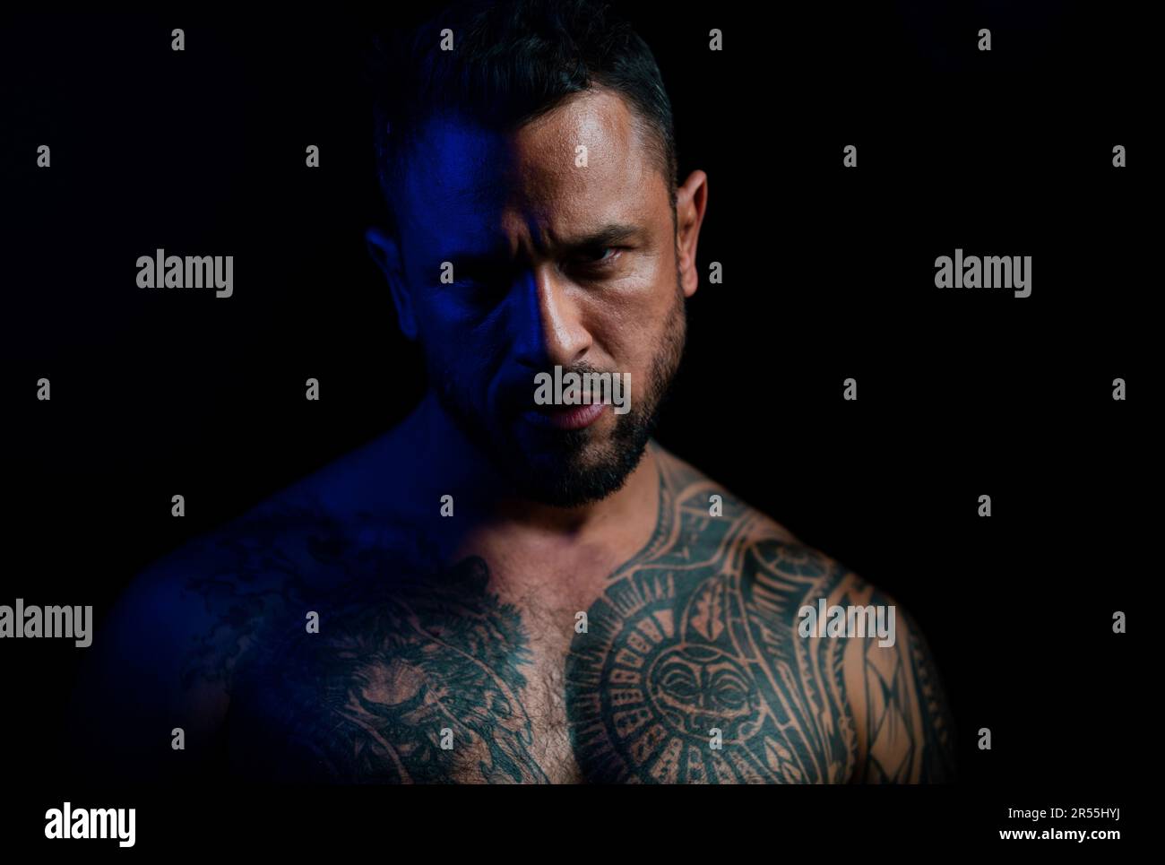 Brutal man, serious face of handsome male model, concept of men power ...
