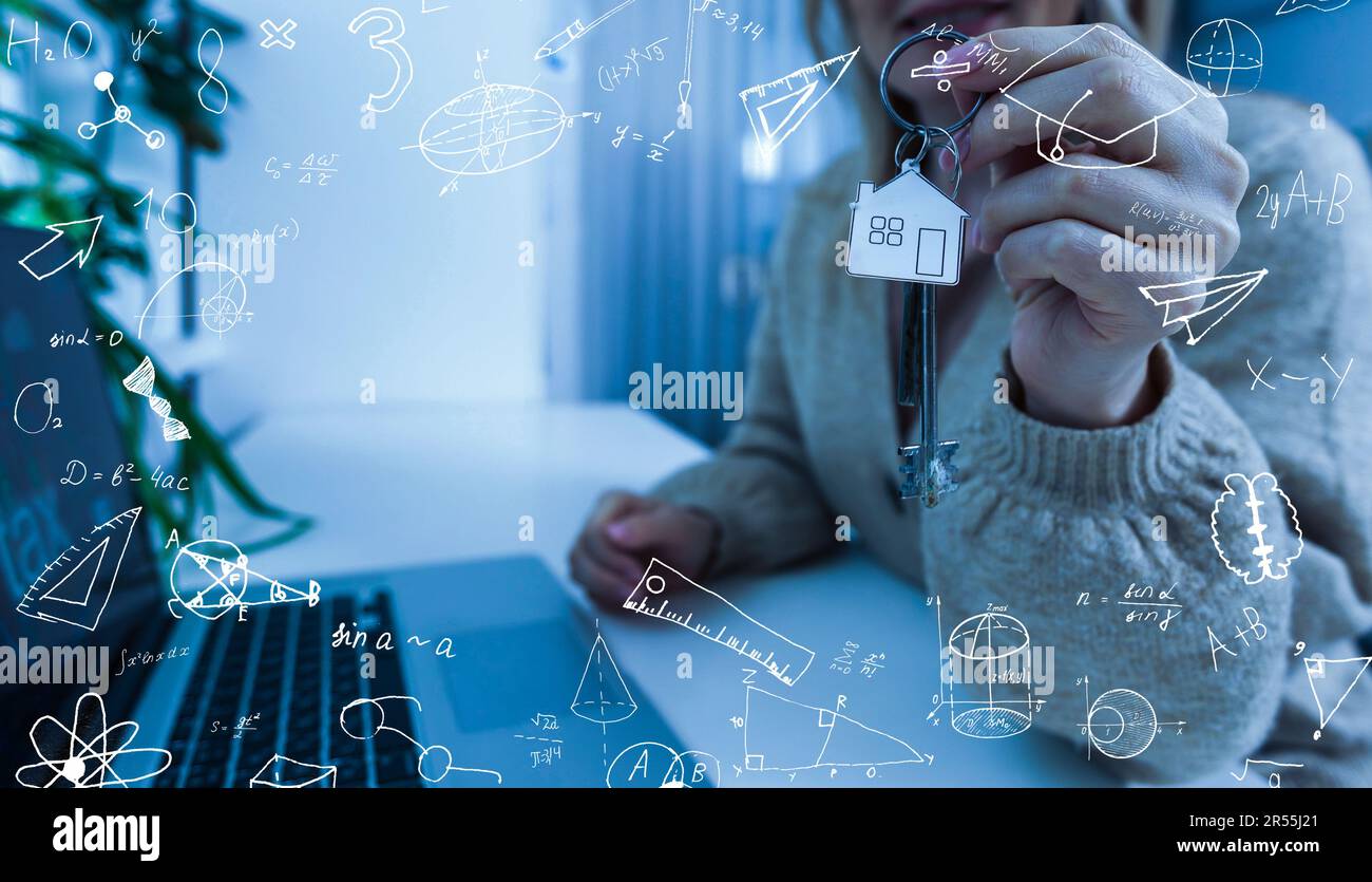 Quantitative analyst is drawing different math formulas on the glass ...