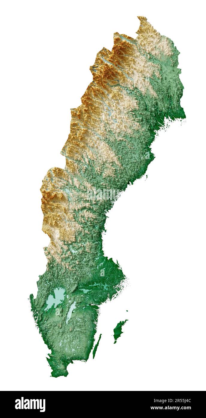 Sweden. Highly detailed 3D rendering of a shaded relief map with rivers ...