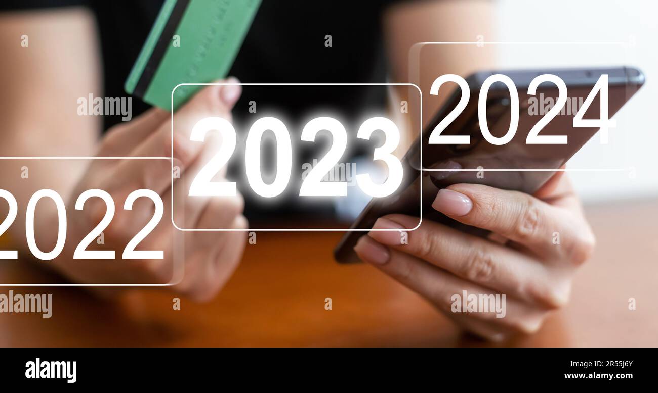 button 2023, 2024 numbers on virtual screen Stock Photo - Alamy