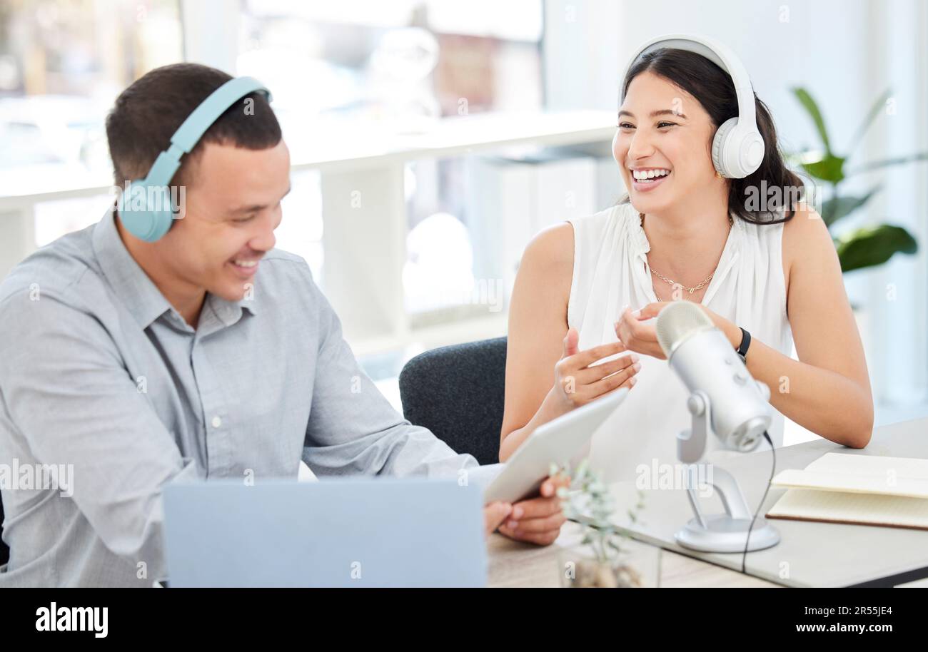 Laughing, man or happy woman live streaming podcast or online radio on ...