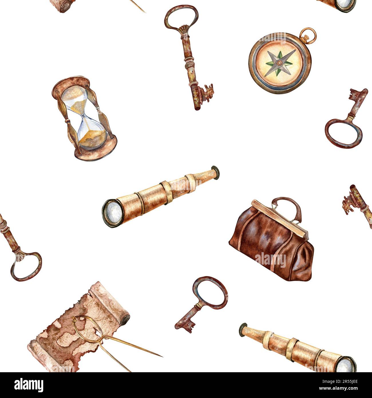 Adventure items vintage style watercolor seamless pattern isolated on ...