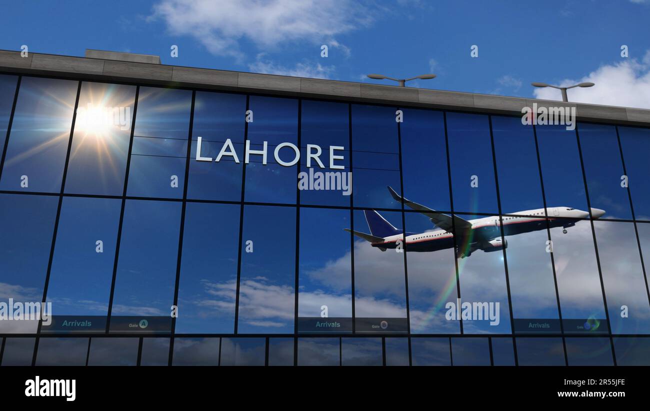 Aircraft landing at Lahore, Pakistan 3D rendering illustration. Arrival ...