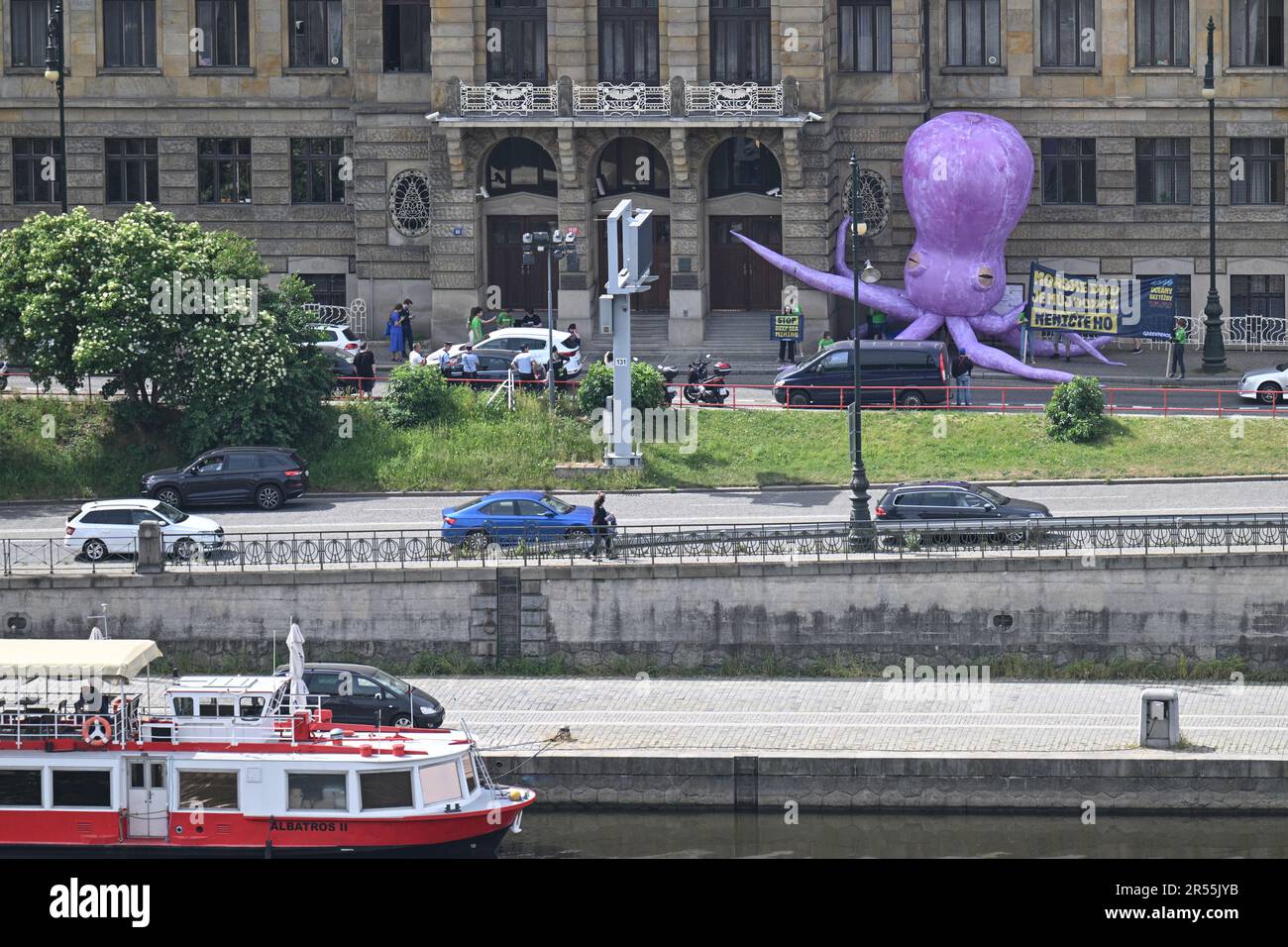 Prague, Czech Republic. 01st June, 2023. Greenpeace activists installed ...