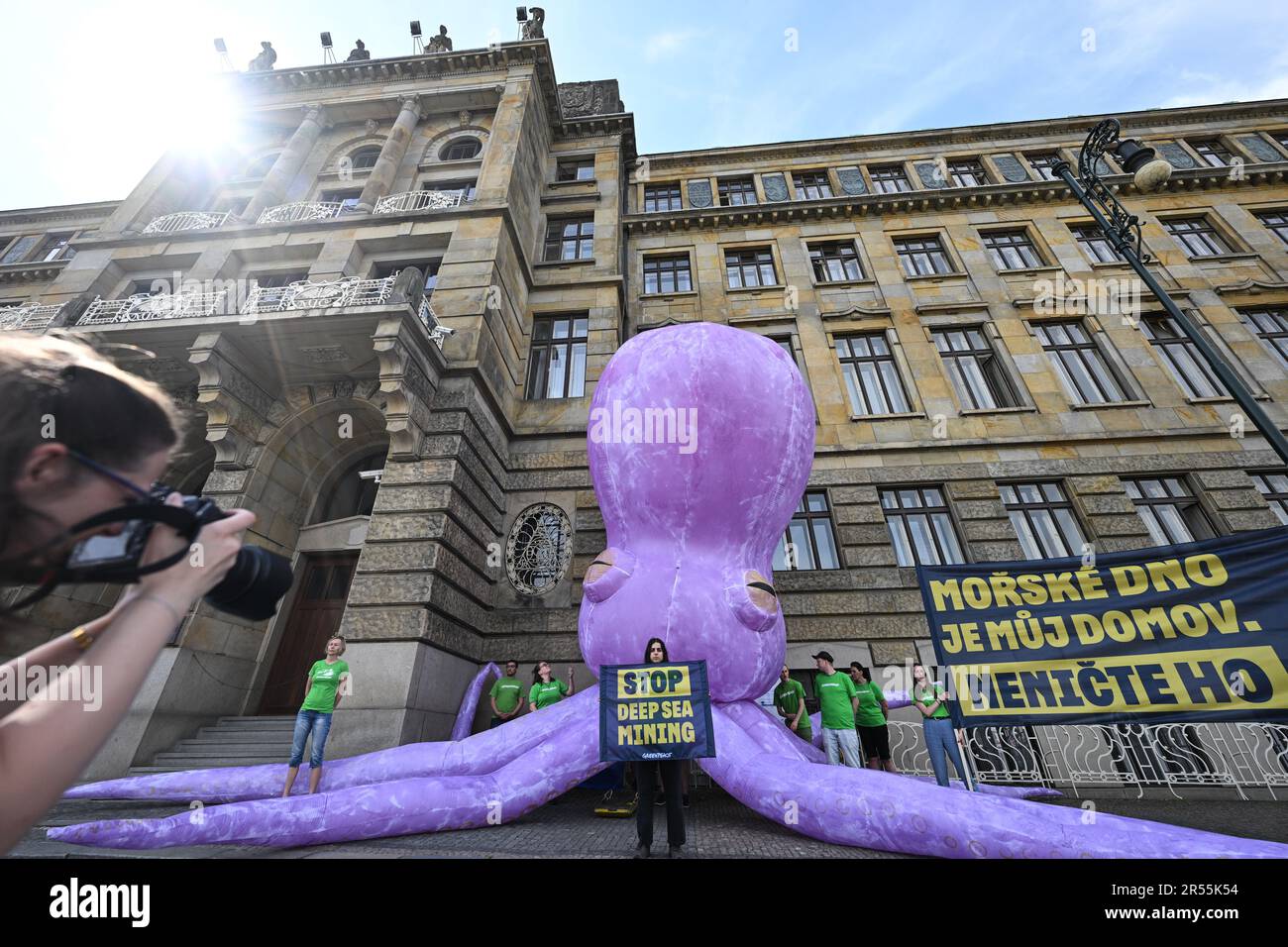 Prague, Czech Republic. 01st June, 2023. Greenpeace activists installed ...