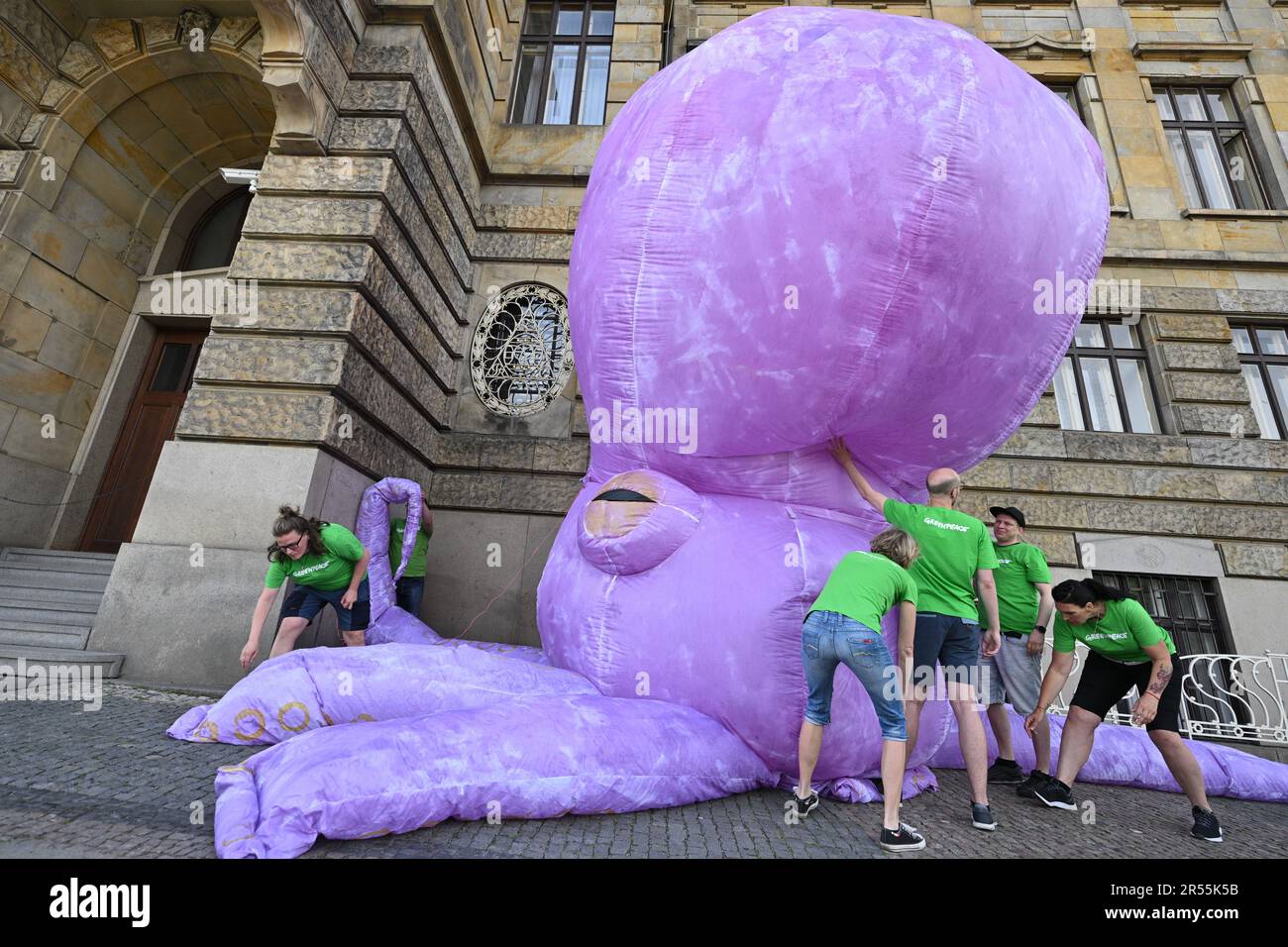 Prague, Czech Republic. 01st June, 2023. Greenpeace activists installed ...