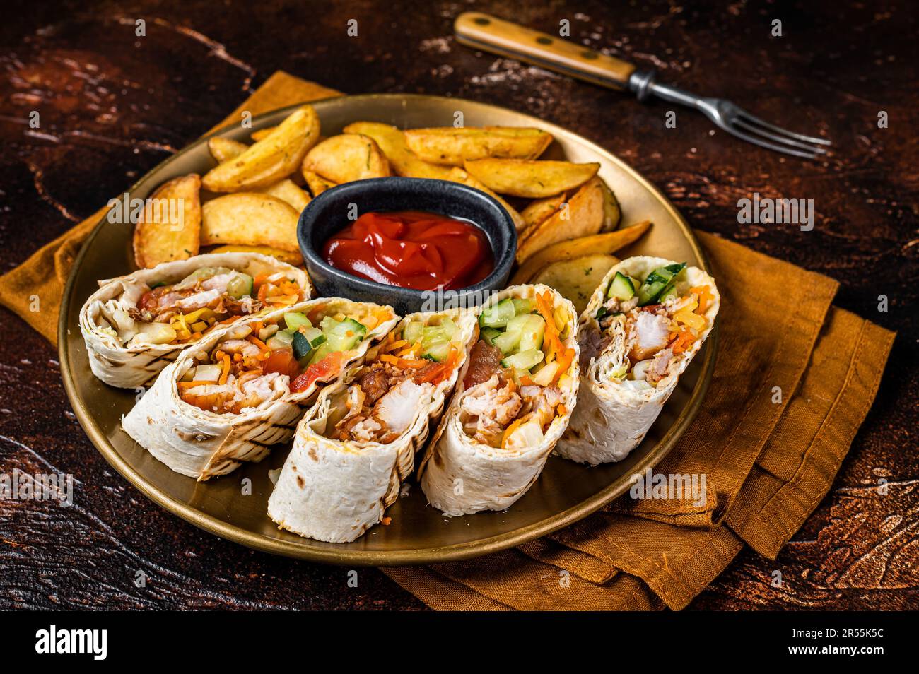 Chicken shawarma durum doner kebab with vegetable salad and french ...