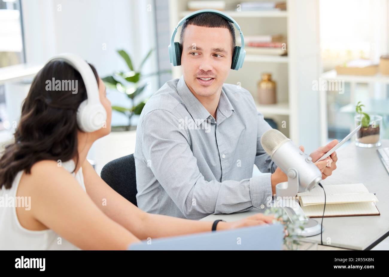 Communication, man or woman live streaming podcast media, online radio ...