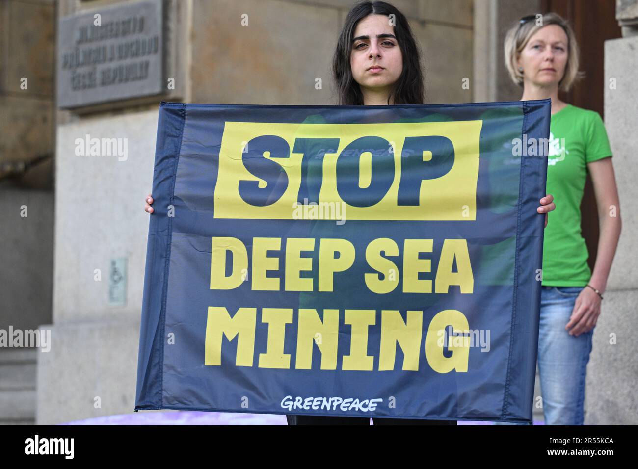 Prague, Czech Republic. 01st June, 2023. Greenpeace activists installed ...