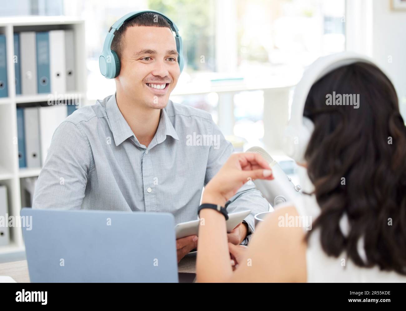 Conversation, happy man or woman live streaming podcast or online radio ...