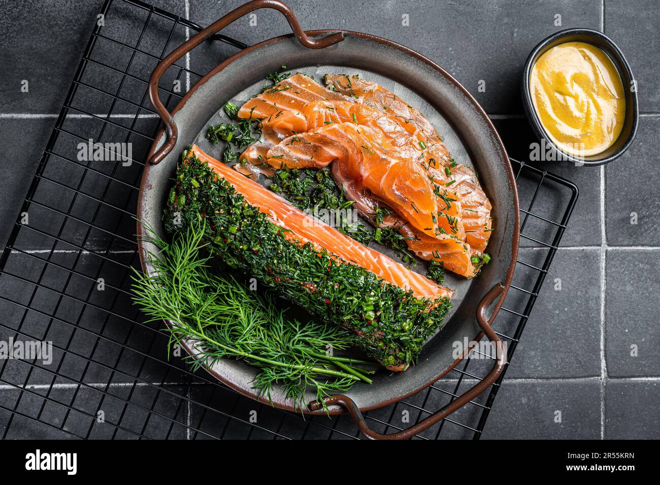 Pickled Salmon fillet with dill, salt and papper, gravlax. Black ...