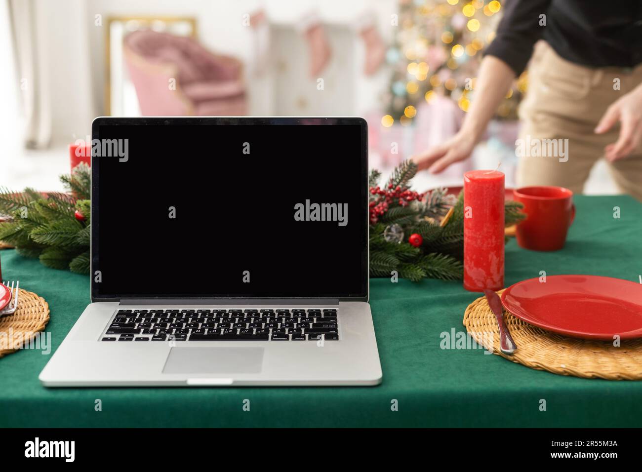 desk with computer with against christmas background Stock Photo - Alamy