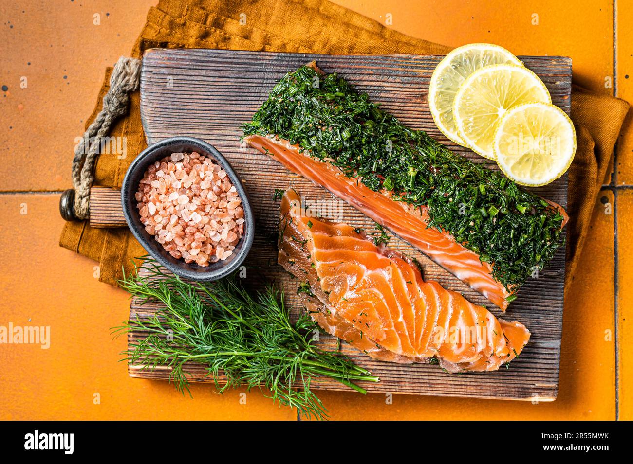 Scandinavian Gravlax Salmon fillet with dill, salt and papper. Orange ...