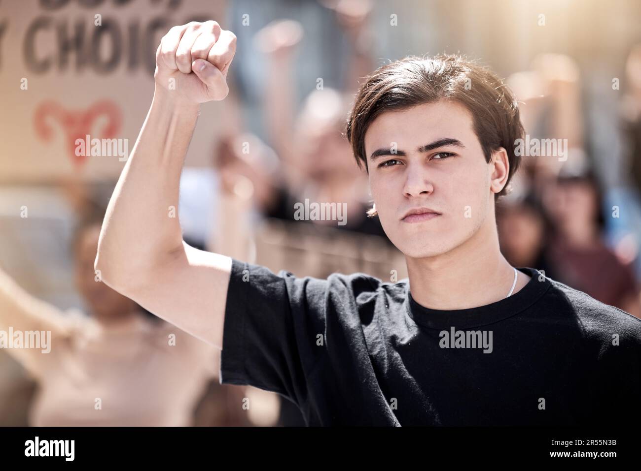 Fight, protest and man with fist raised for freedom, human rights or ...