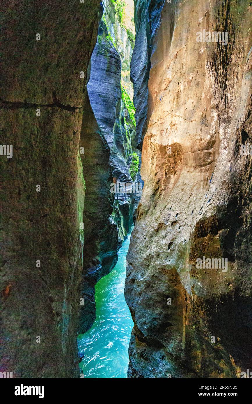 Aare River flowing through the Aare Gorge (Aareschlucht), Bernese ...