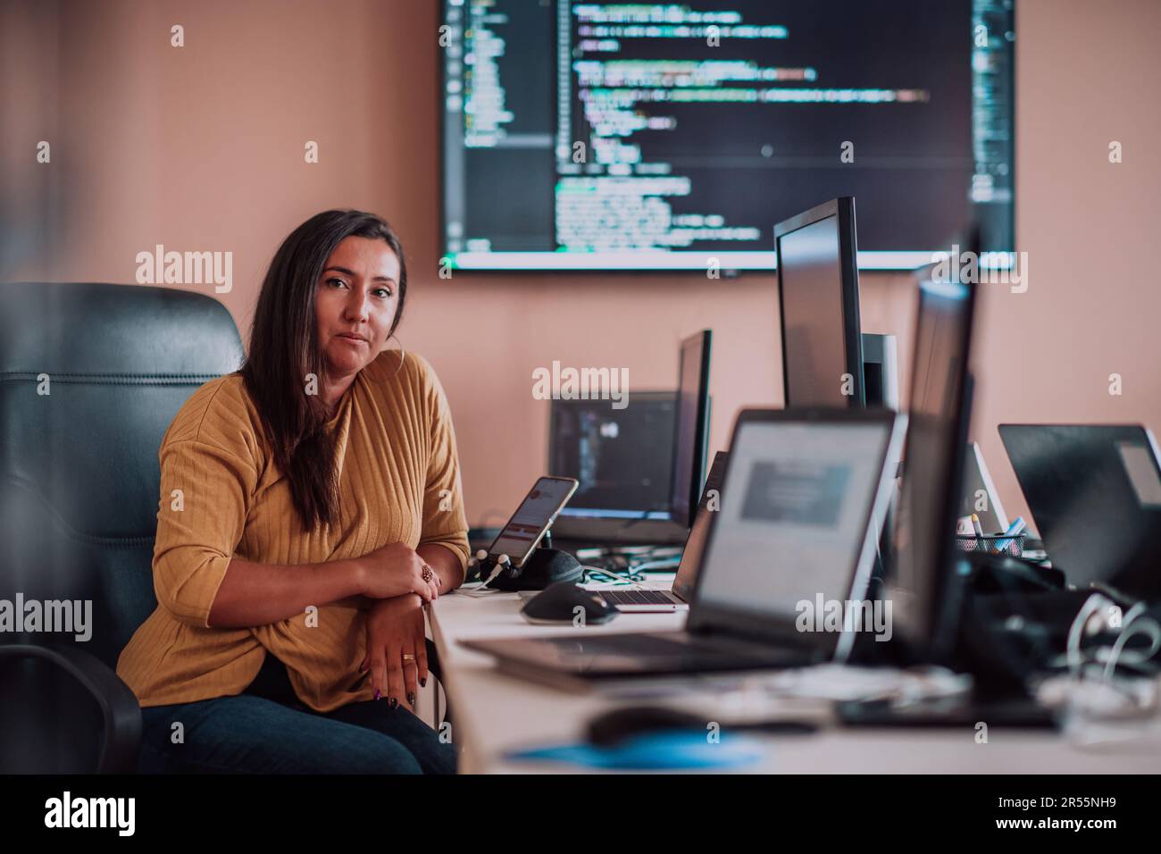 A businesswoman sitting in a programmer's office surrounded by ...