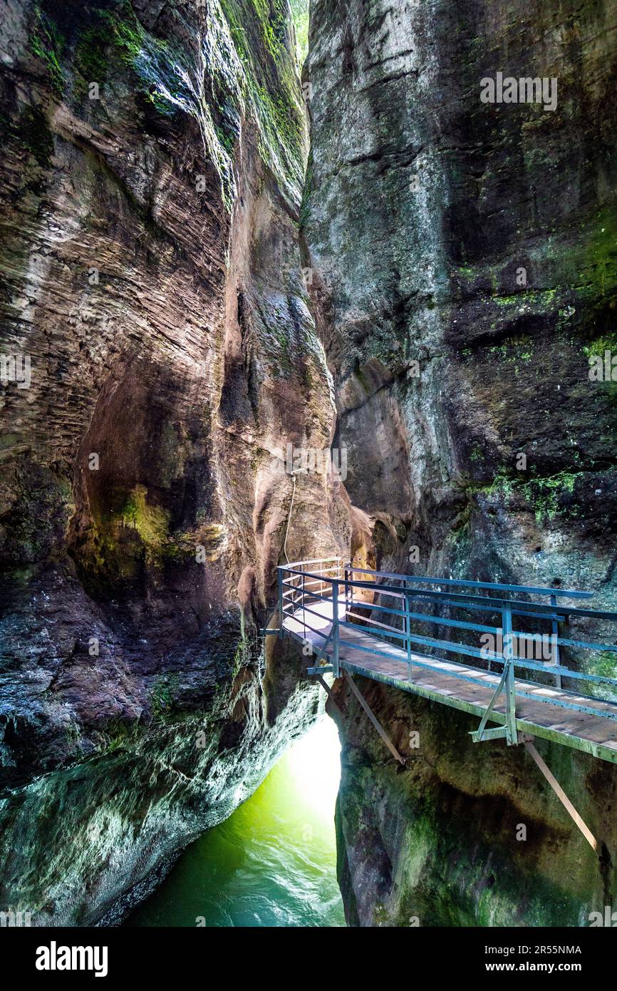 Cliffside walkway along Aare River through the Aare Gorge (Aareschlucht ...