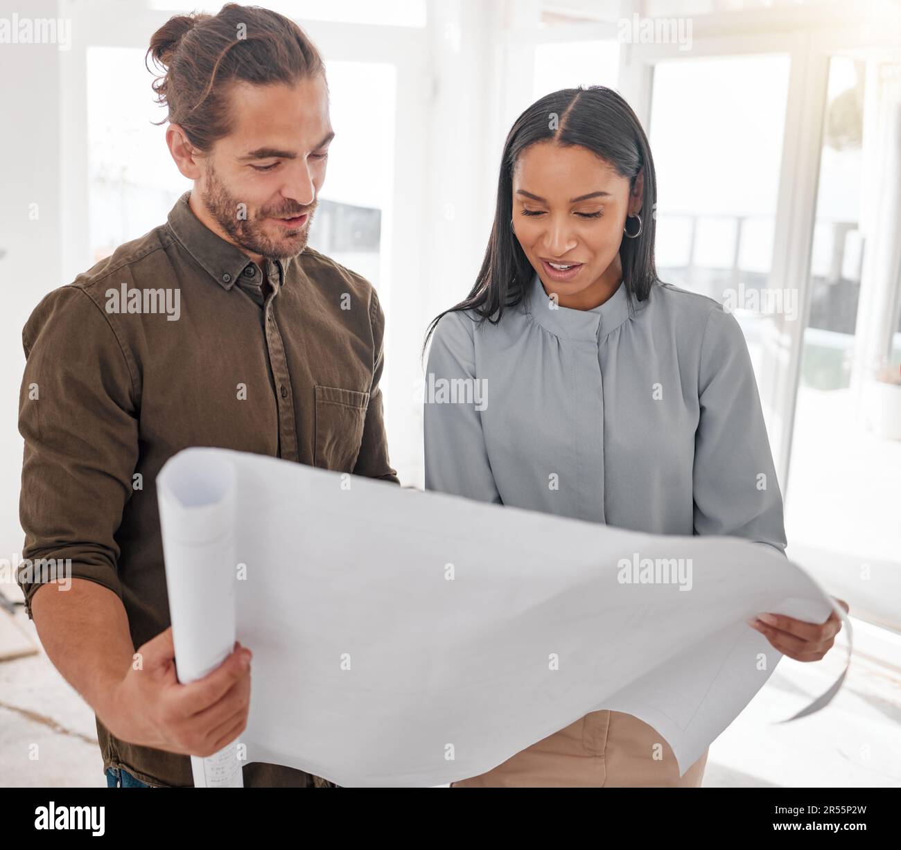 Architect, teamwork and couple with blueprint for planning at ...