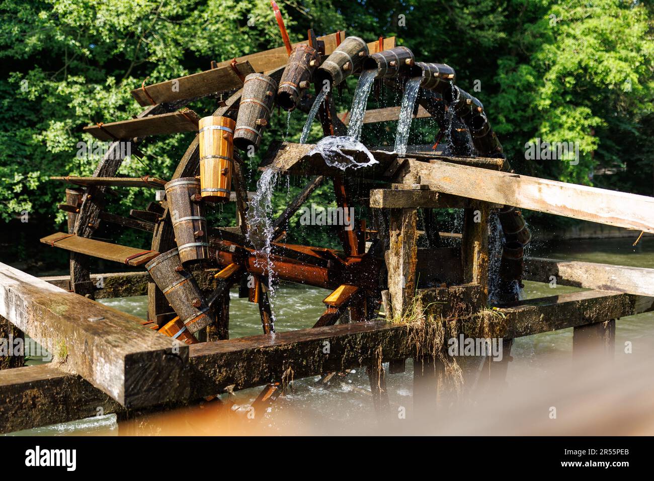 Nuremberg, Germany. 01st June, 2023. The water wheel at the Lederersteg ...