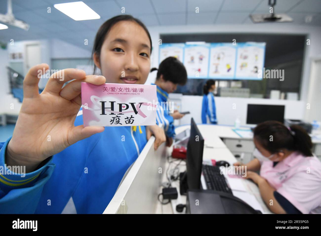 GUIYANG, CHINA - JUNE 1, 2023 - A schoolgirl shows her HPV vaccination ...