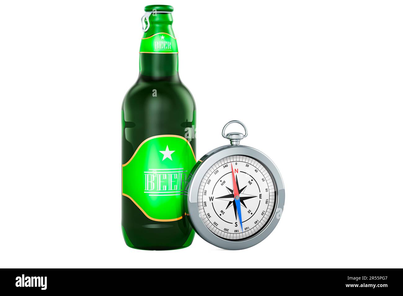 Beer bottle with compass, 3D rendering isolated on white background ...