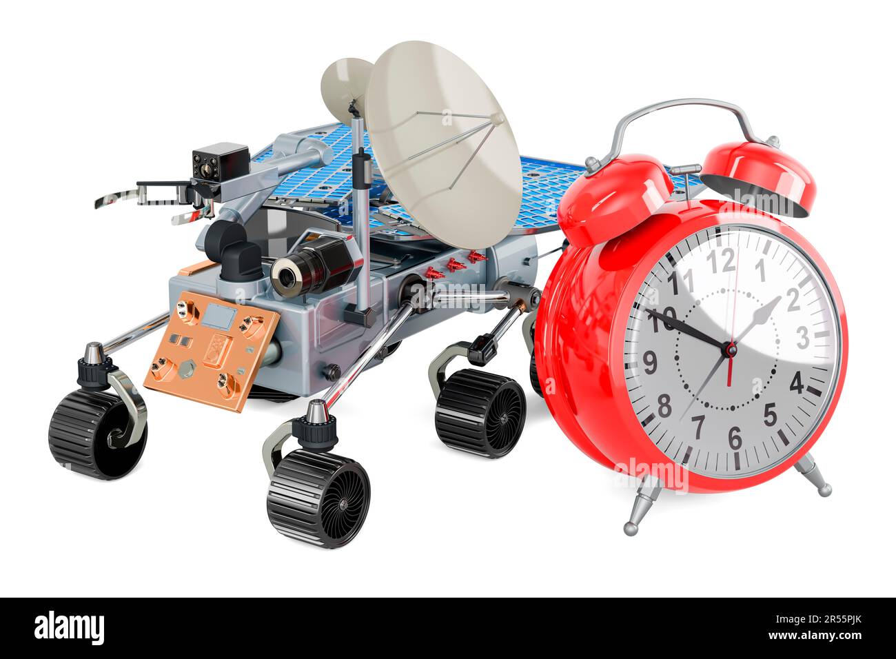Planetary rover with alarm clock, 3D rendering isolated on white ...
