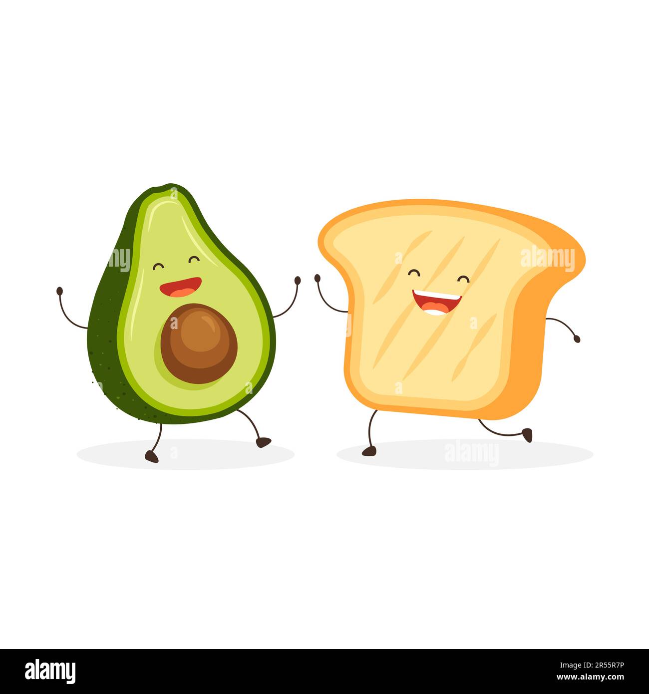 Cute happy toast bread and avocado. Happy cartoon characters. Vector ...