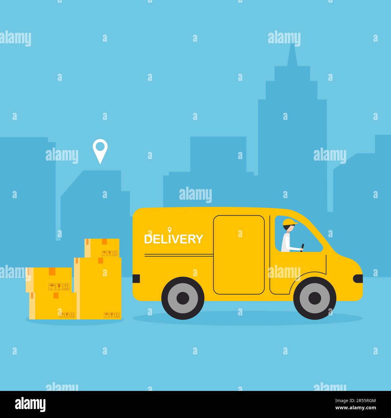 Express delivery by van. Truck with heap of boxes on a street ...